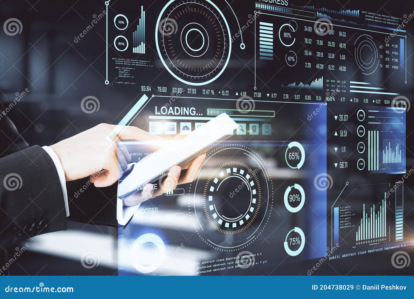 Hands Using Tablet Computer with Abstract Big Data Interface Stock ...