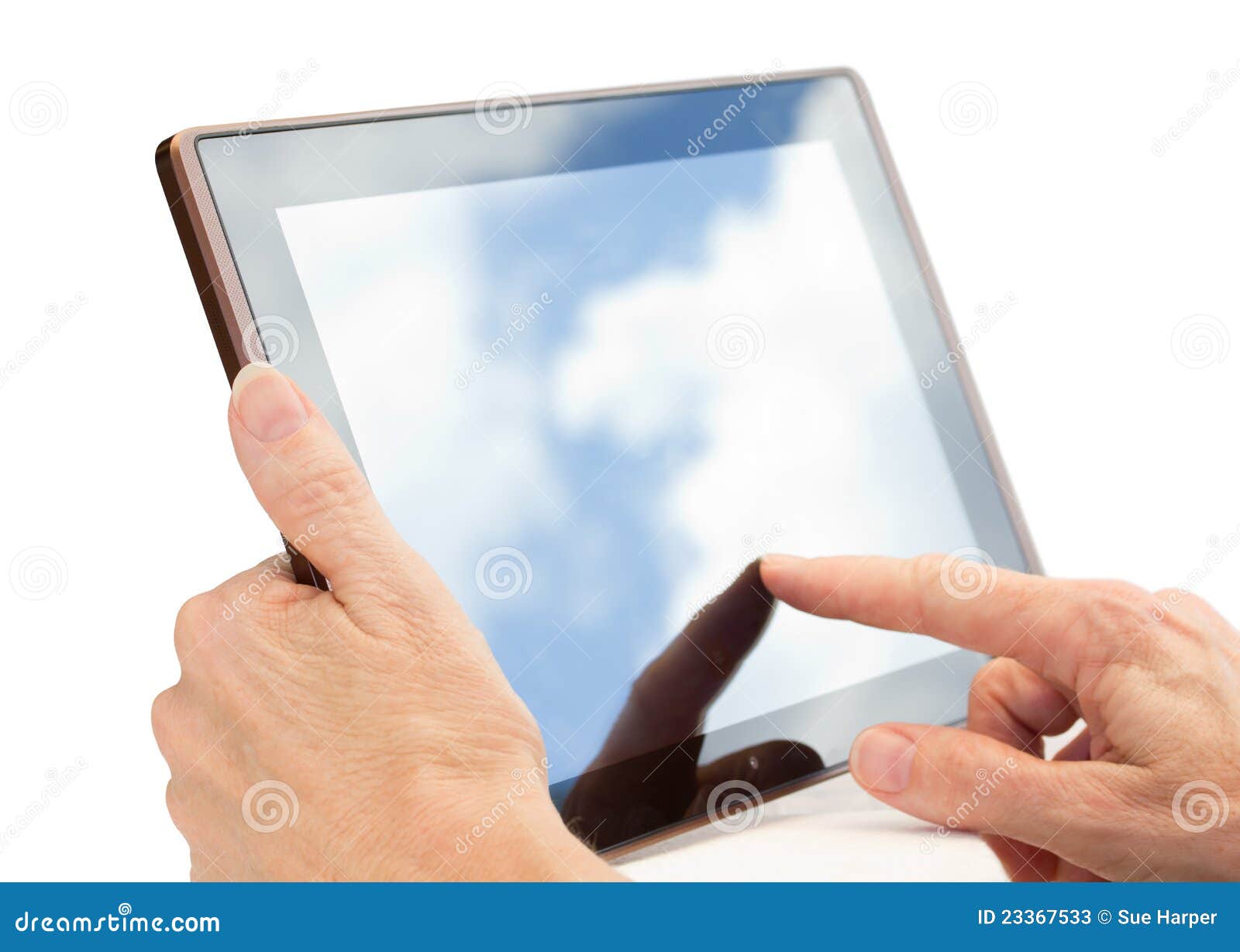 Hands Using A Tablet Computer Isolated On White Stock Image Image Of