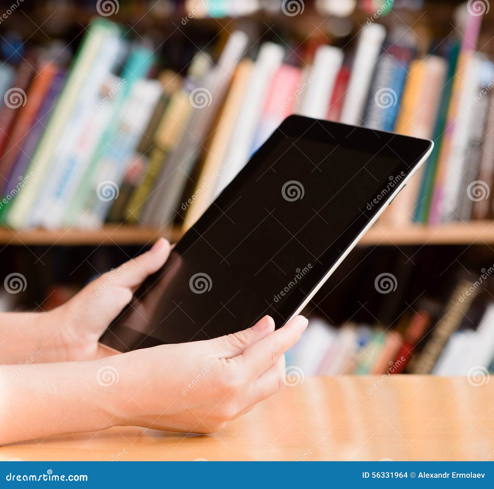 Hands Using Tablet Computer in Library Stock Photo - Image of interior ...