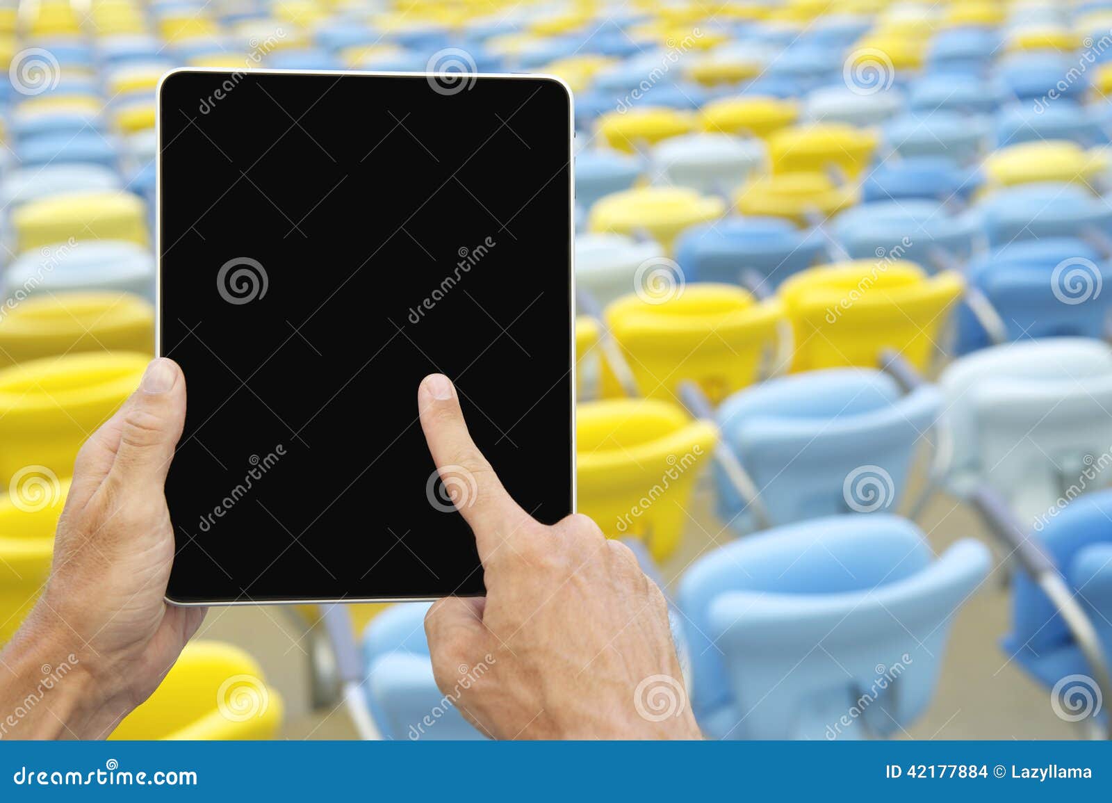 Hands Using Tablet Football Stadium Stock Photo - Image of media ...