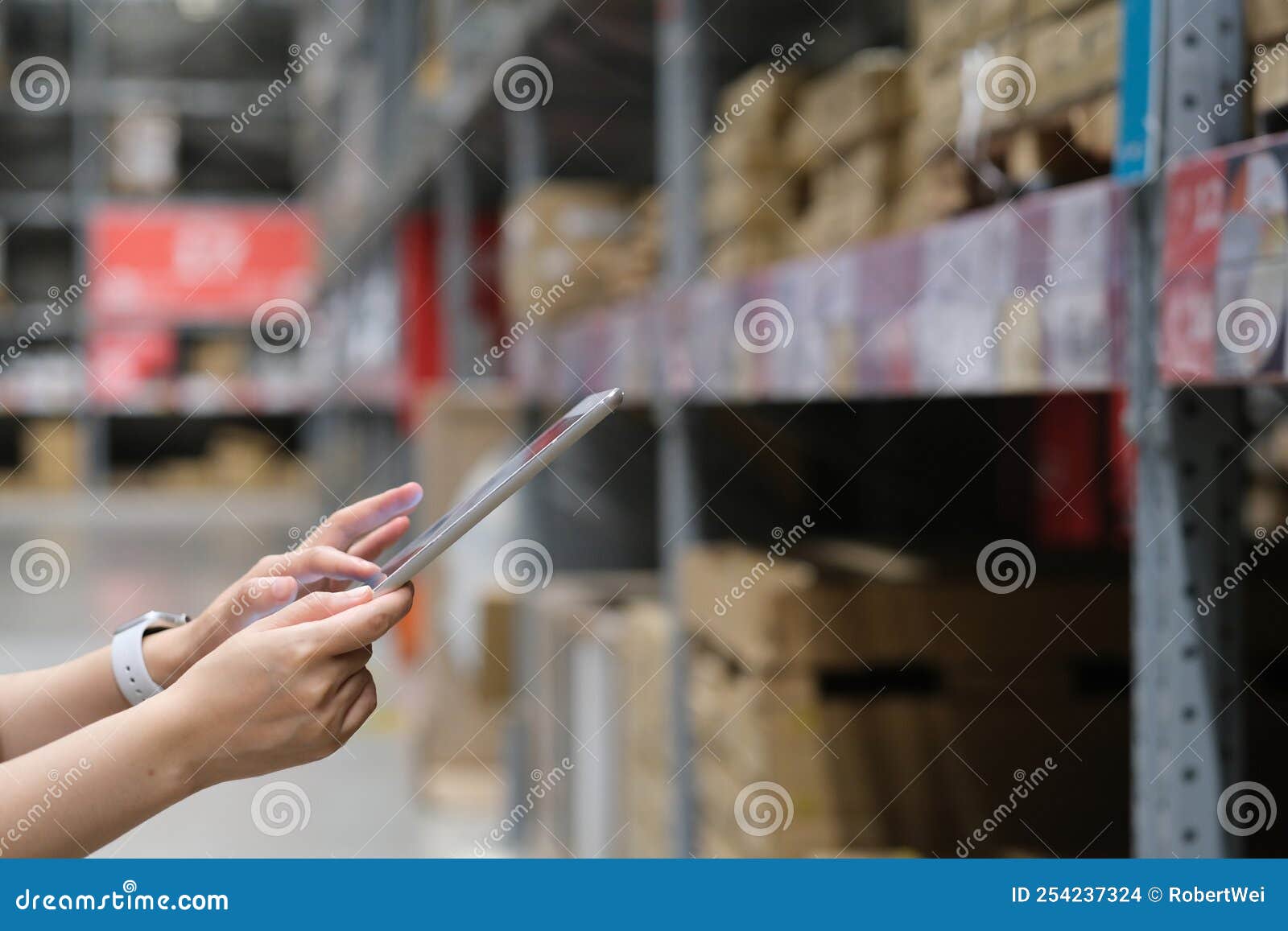 Hands Using Tablet at Goods Shelf of Store Warehouse Stock Photo ...