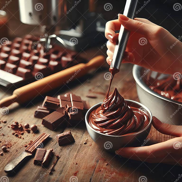 Hands Using a Tool To Create a Chocolate Swirl in a Bowl in the Kitchen ...