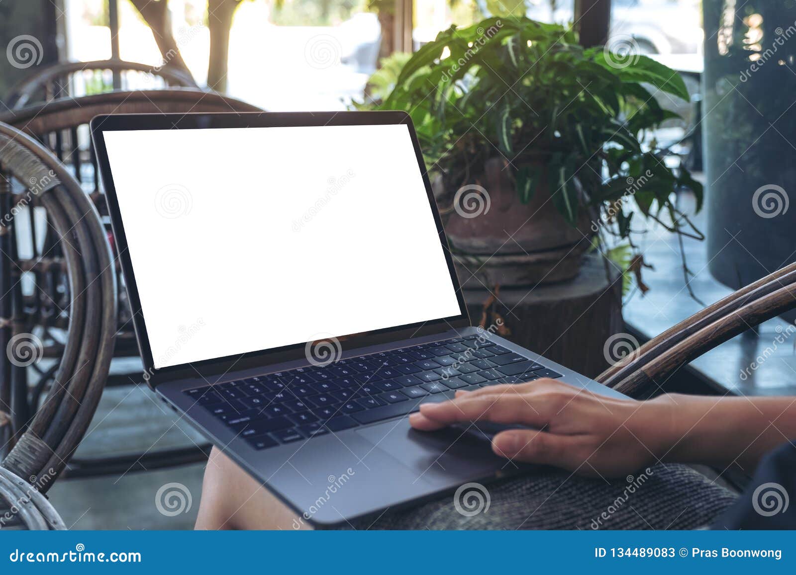 Hands Using and Touching at Laptop Touchpad with Blank White Desktop ...