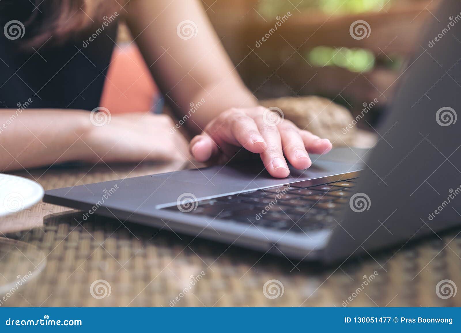 Hands Using and Touching on Laptop Touchpad on Wooden Table Stock Image ...