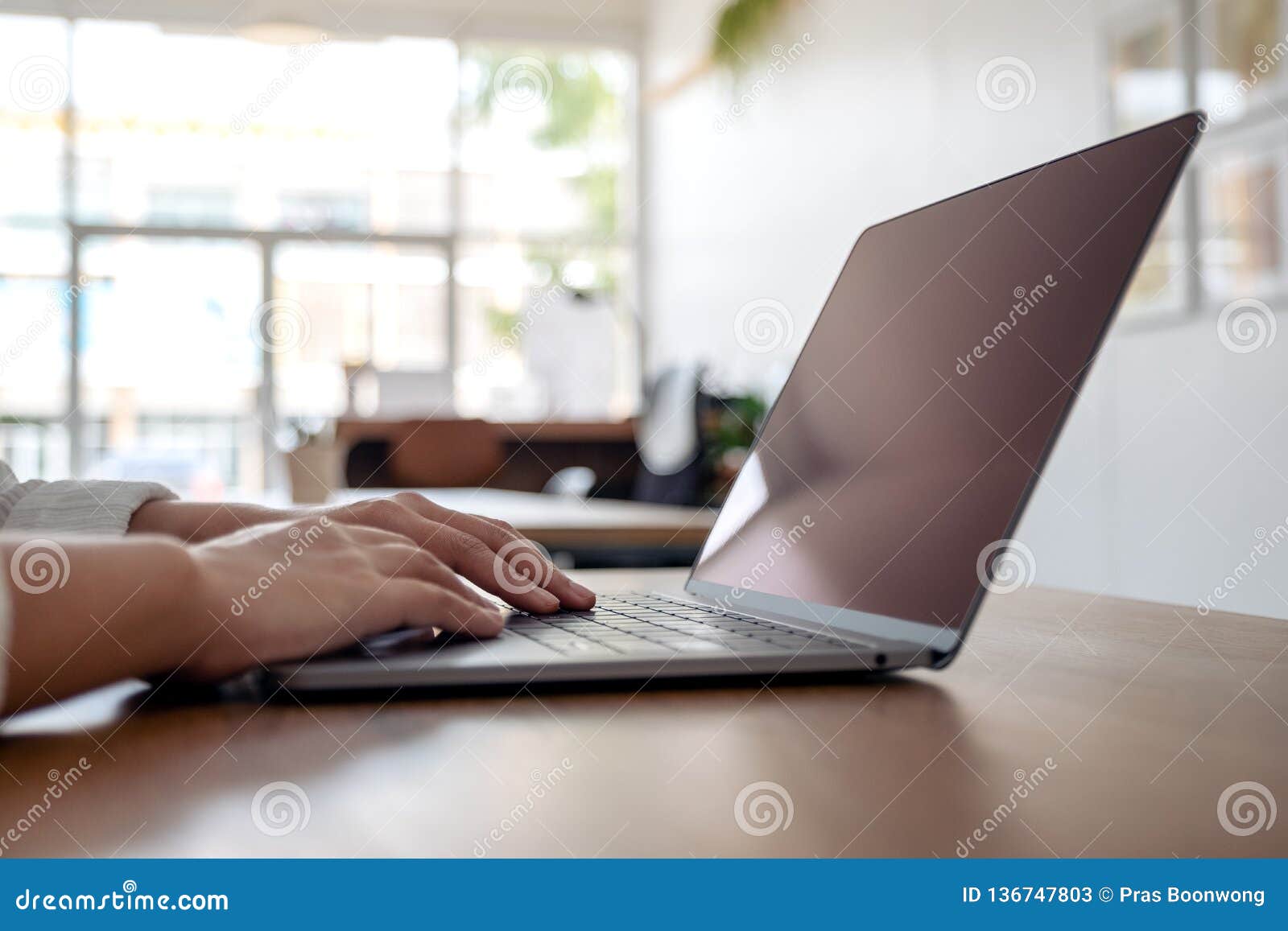 Hands Using and Typing on Laptop Keyboard in Cafe Stock Image - Image ...