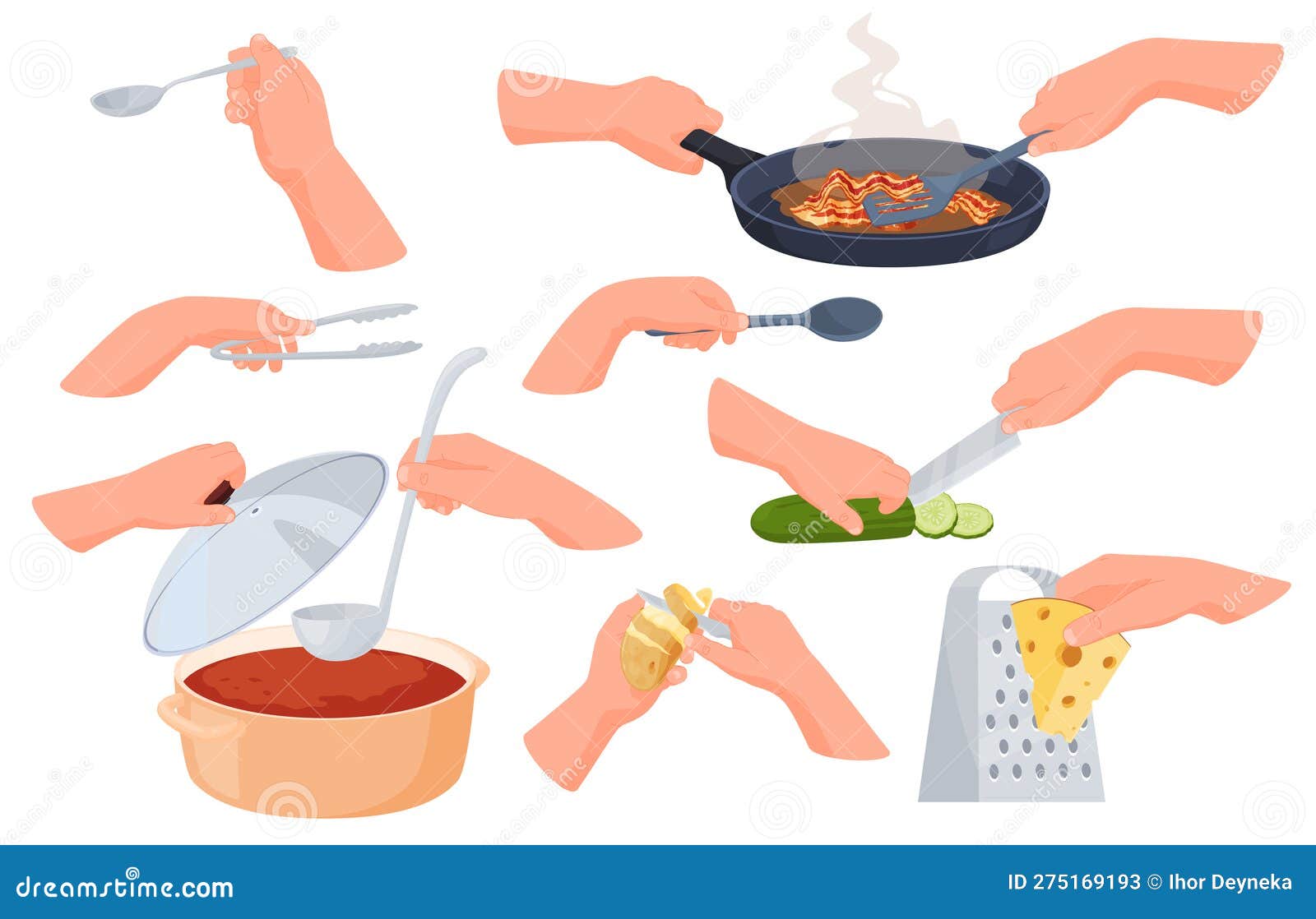 Hands with Various Kitchen Items. Food Preparation Process. Cook Hands ...