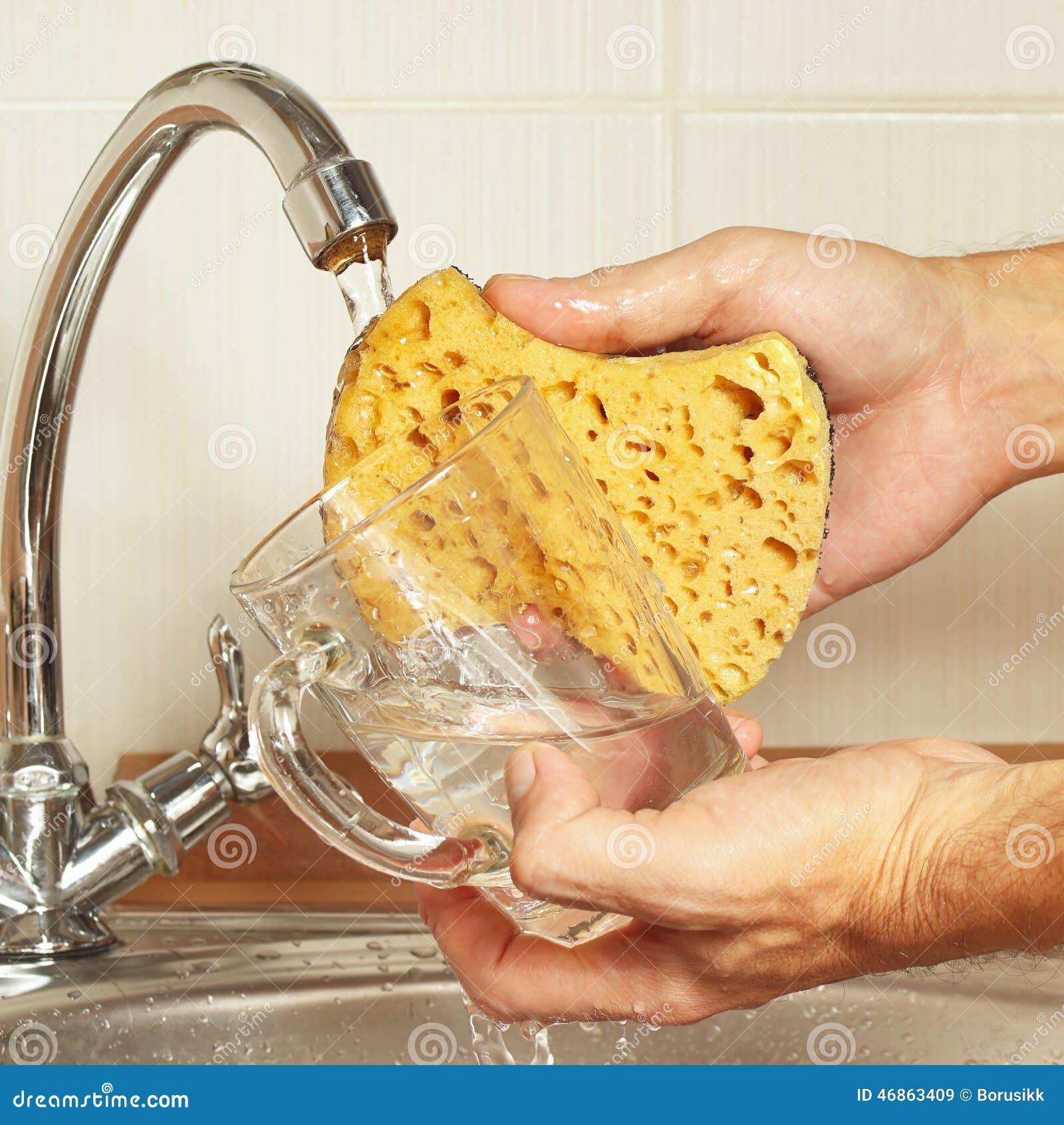 Hands Wash the Glass Under Running Water in Kitchen Stock Image - Image ...