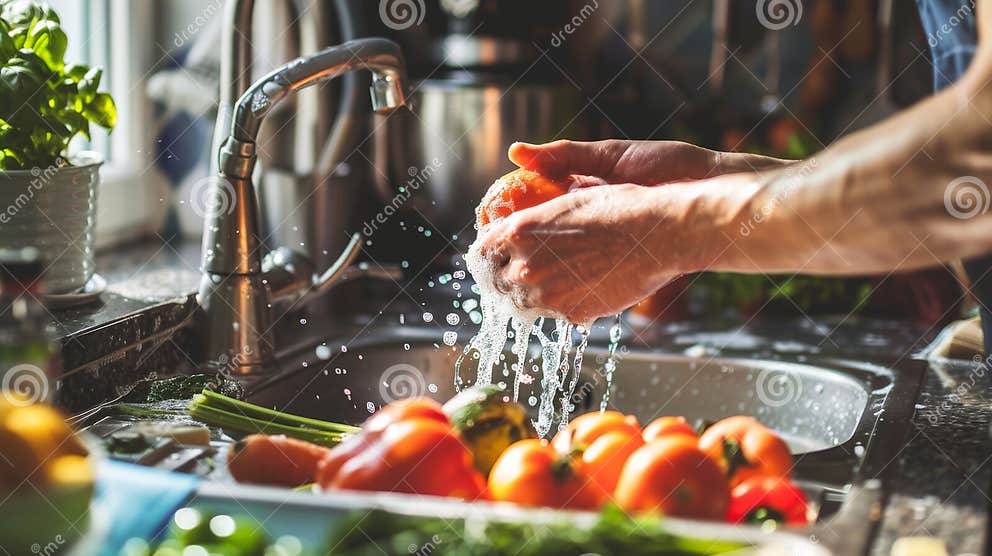 Hands Washing Vegetables at a Kitchen Sink, Generative AI Stock ...
