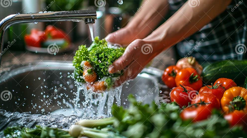 Hands Washing Vegetables at a Kitchen Sink, Generative AI Stock ...