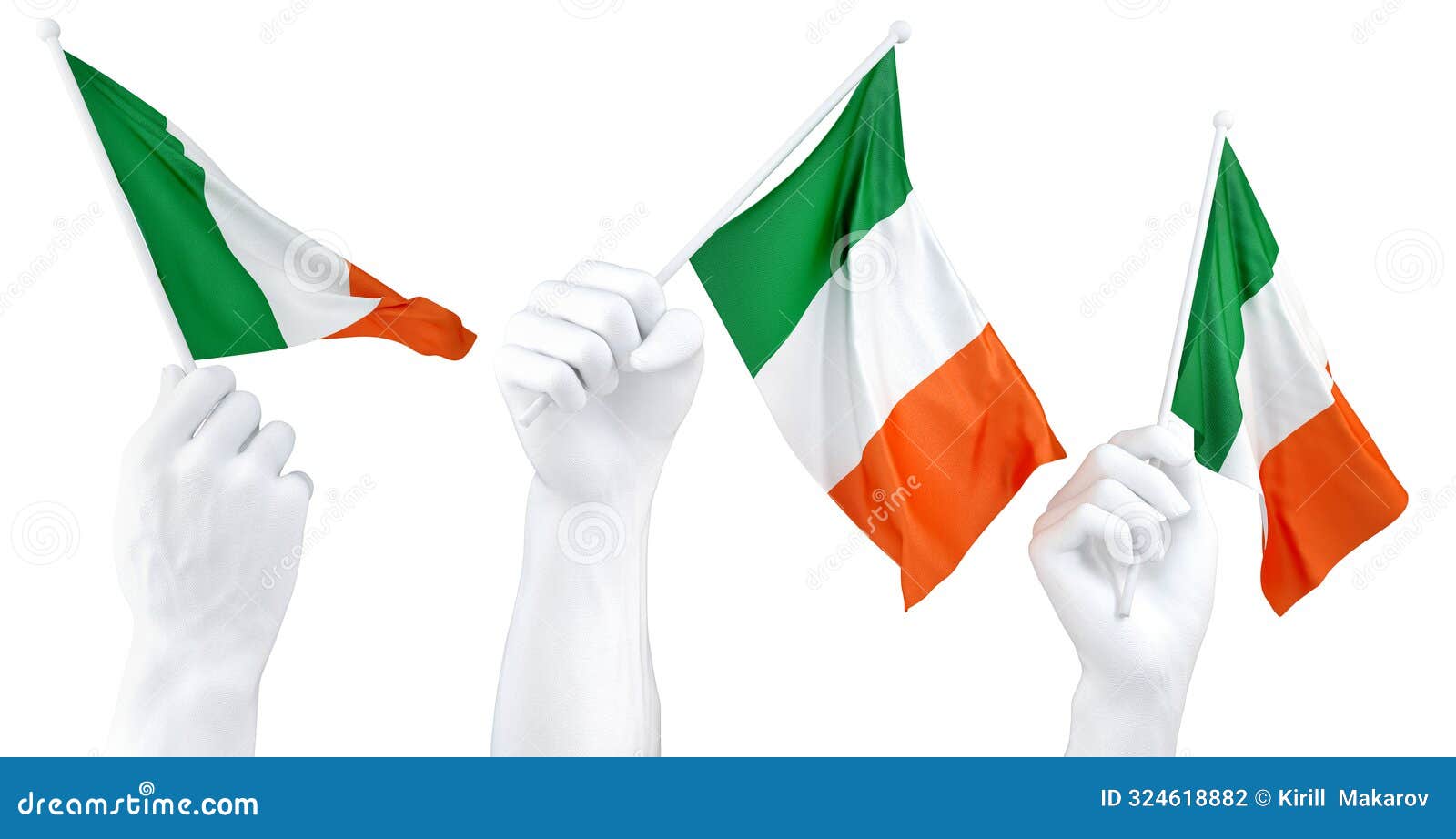 Hands Waving Flag of Ireland Isolated on White. 3d Rendering Stock ...