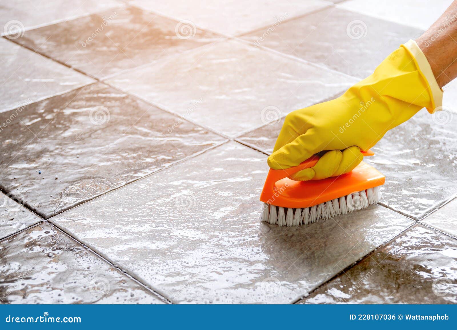 Using a Plastic Floor Scrubber To Scrub the Tile Floor with a Floor ...