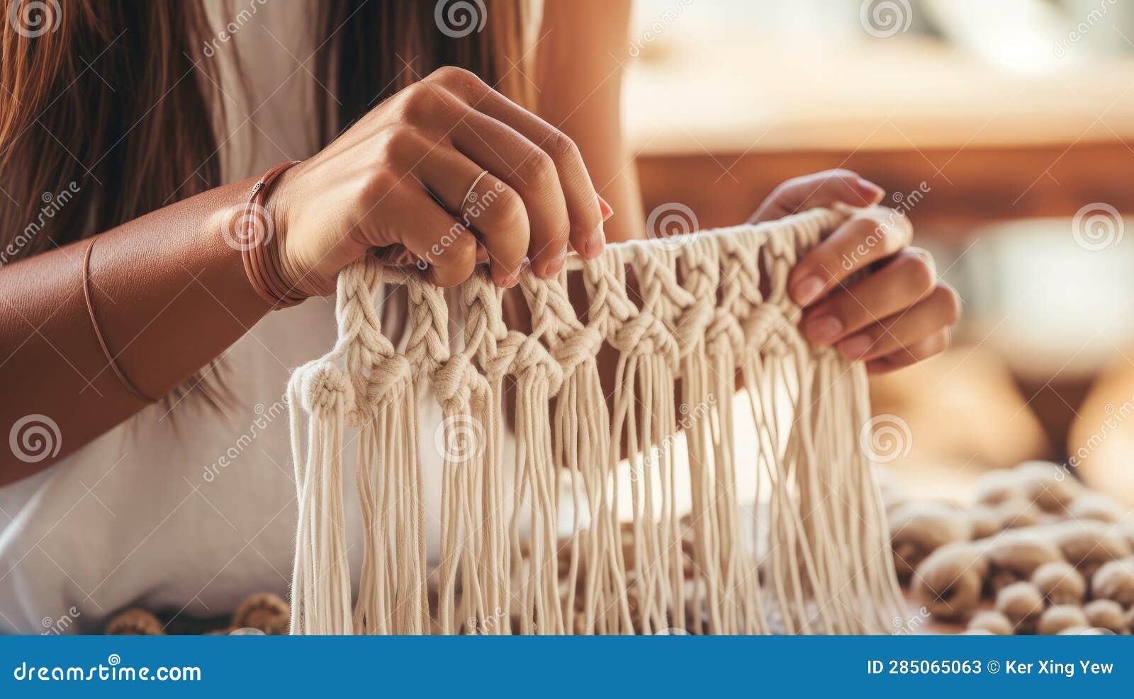 Hands Weaving a Macrame Wall Hanging, a Trendy Craft Technique Stock ...