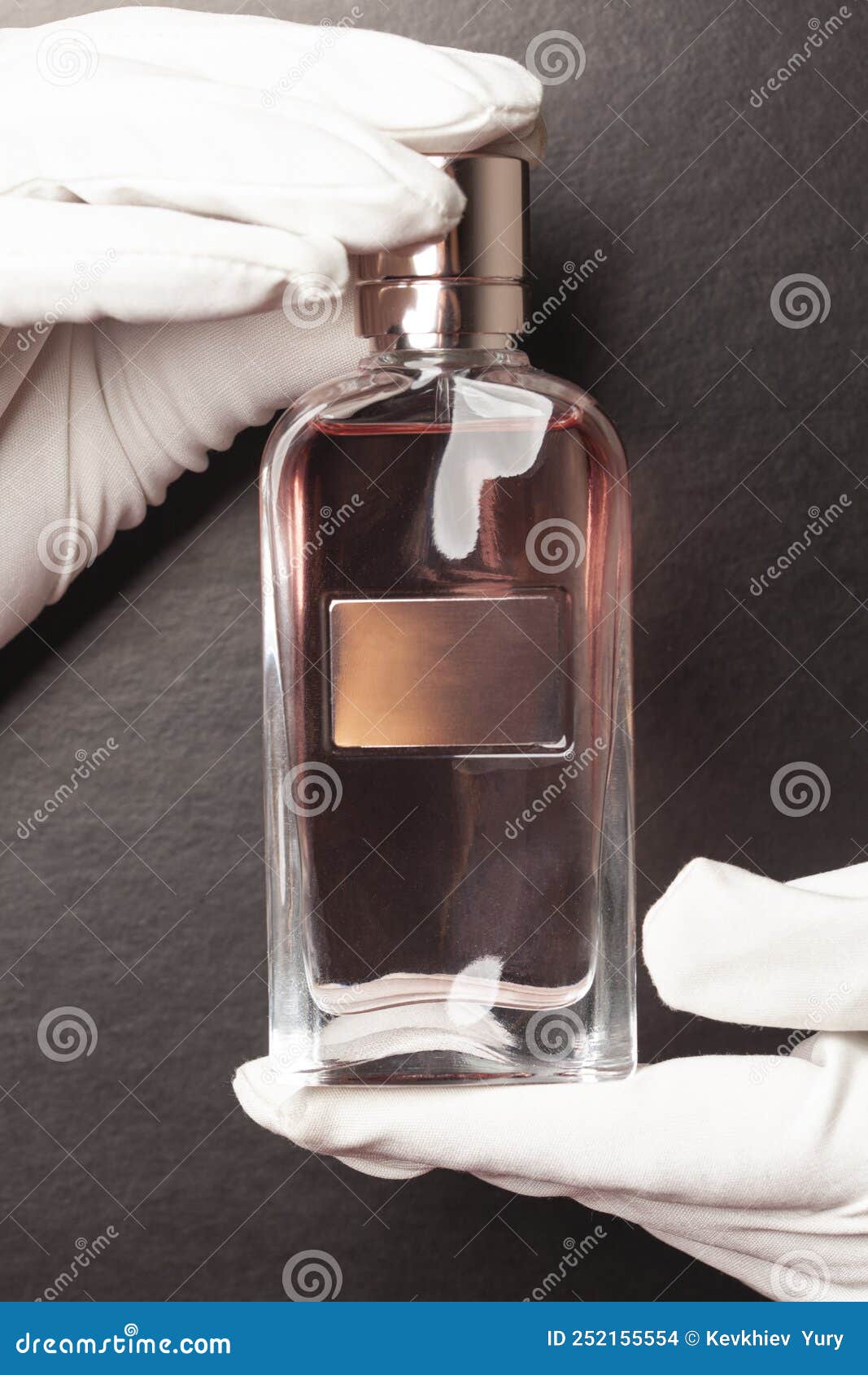 Hands in White Gloves Holding Glass Perfume Bottle on a Gray Background ...