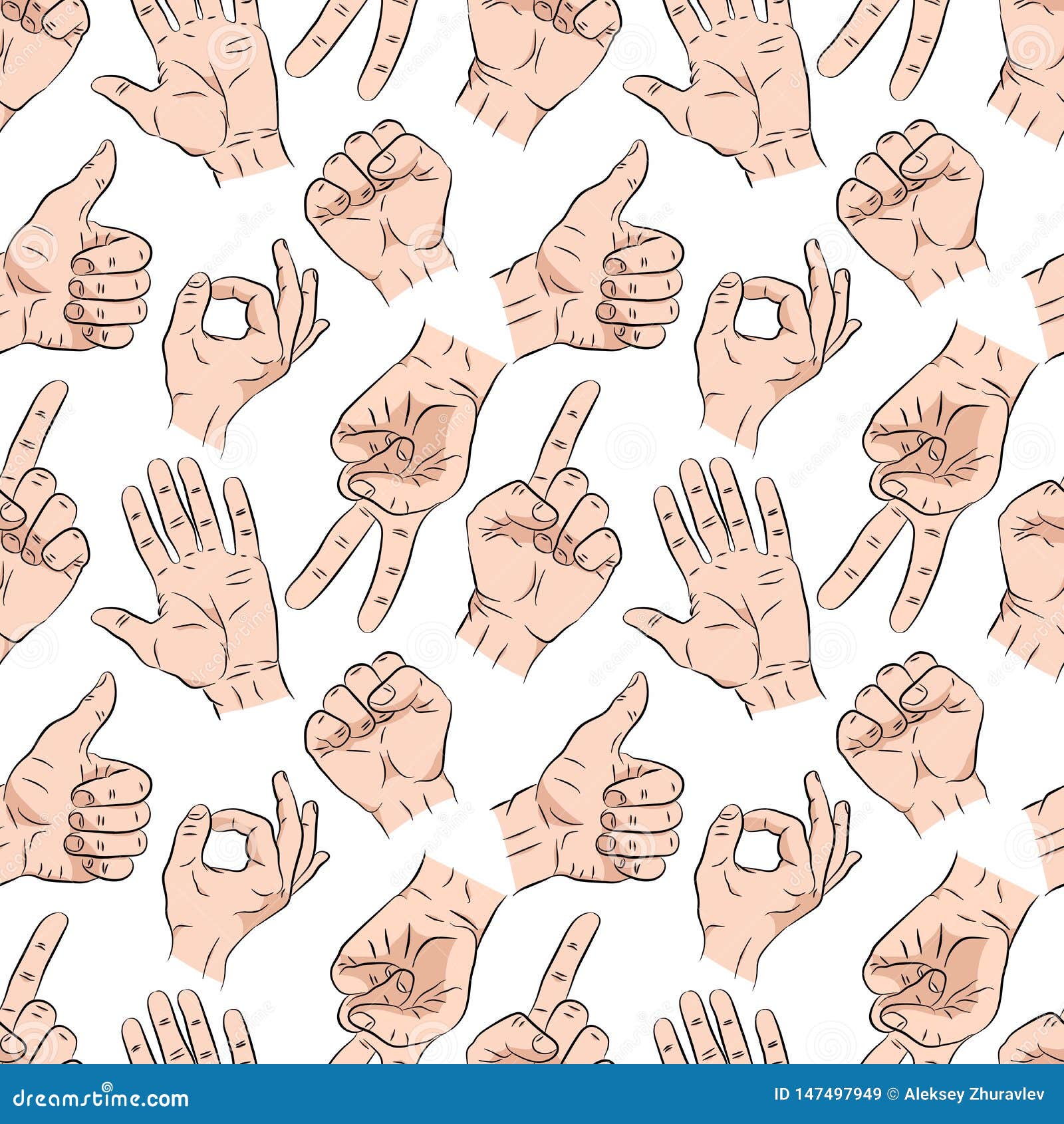 Hands on White Seamless Pattern, Vector Illustration. Hand Drawn ...