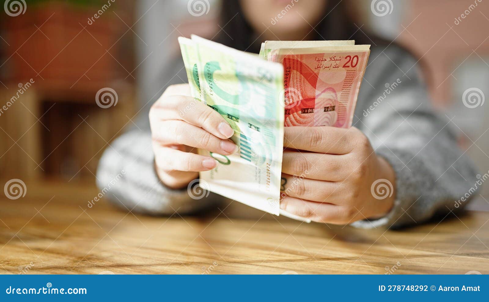 Hands of Woman Counting Shekels Banknotes at Room Stock Photo - Image ...
