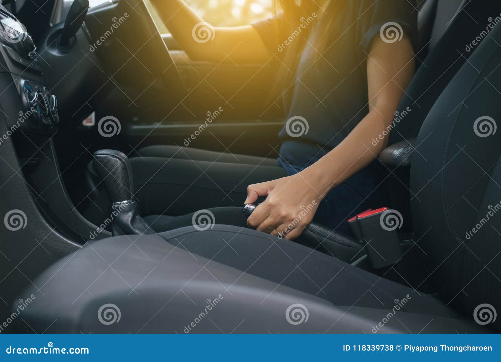 Hand Woman Driver Pulling the Hand Brake Inside Modern Car Stock Photo ...