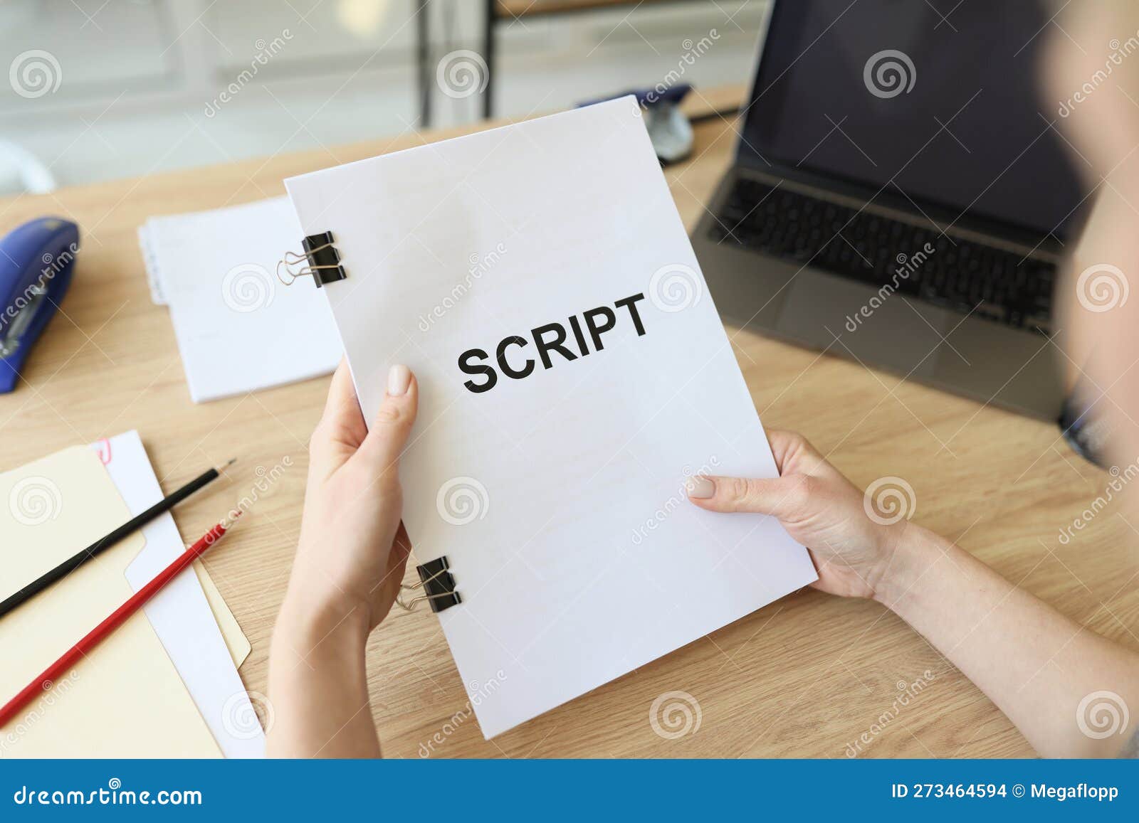 Hands of Woman Holding Script Papers for Movie in Hands Stock Photo ...