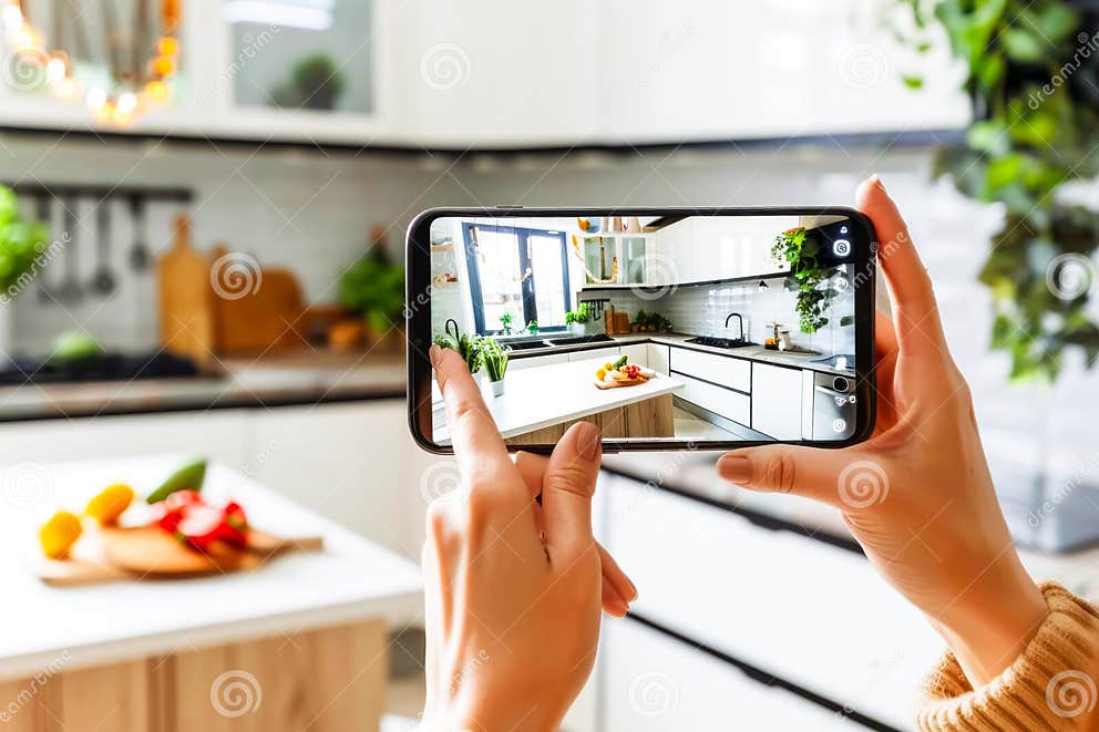 Hands of a Woman Holding a Smartphone in the Kitchen while Using an ...