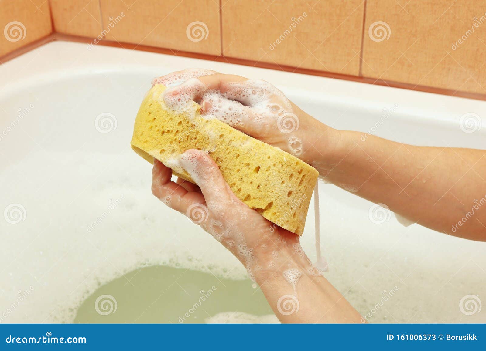 Hands of Woman Lathering Yellow Sponge with Soap Stock Image - Image of ...