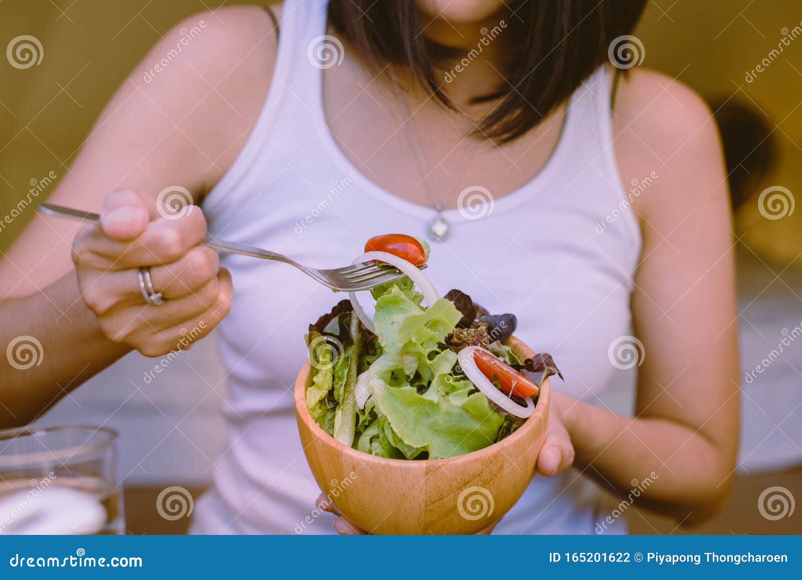 Hands Woman Using Fork for Eat Breakfast Salad Healthy,Clean Eating and ...