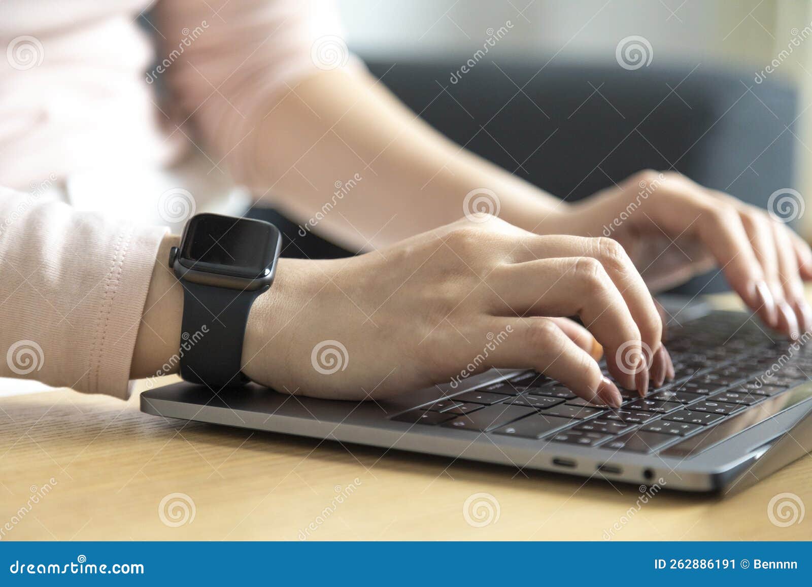 Hands of Woman Wearing Smartwatch and Working on Laptop Computer. Stock ...