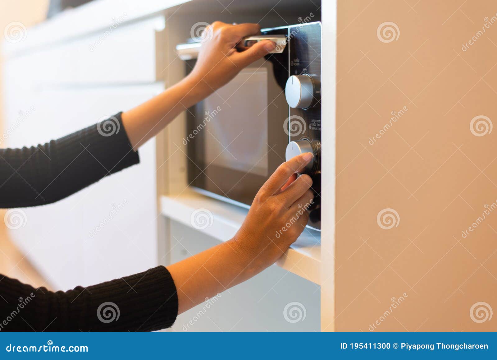 Hands Woman Using Microwave Oven in Home Kitchen Stock Photo - Image of ...