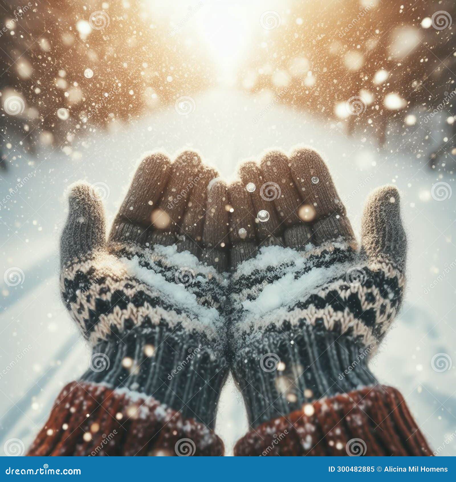 Hands with Woolen Gloves and Falling Snow. Winter Time Stock ...