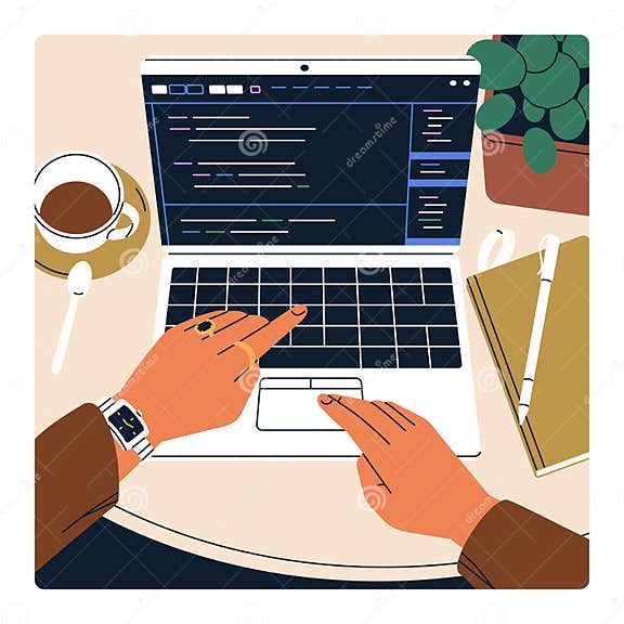 Hands Work Online At Laptop Computer At Desk Programmer Coder At