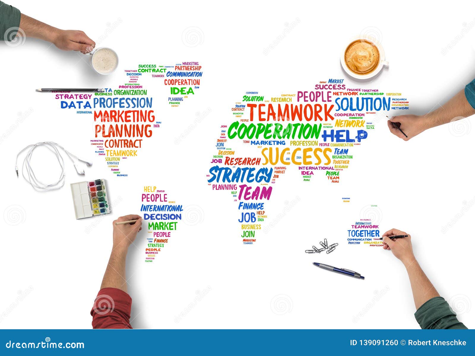 Hands Work on World Map As a Teamwork Concept Stock Photo - Image of ...