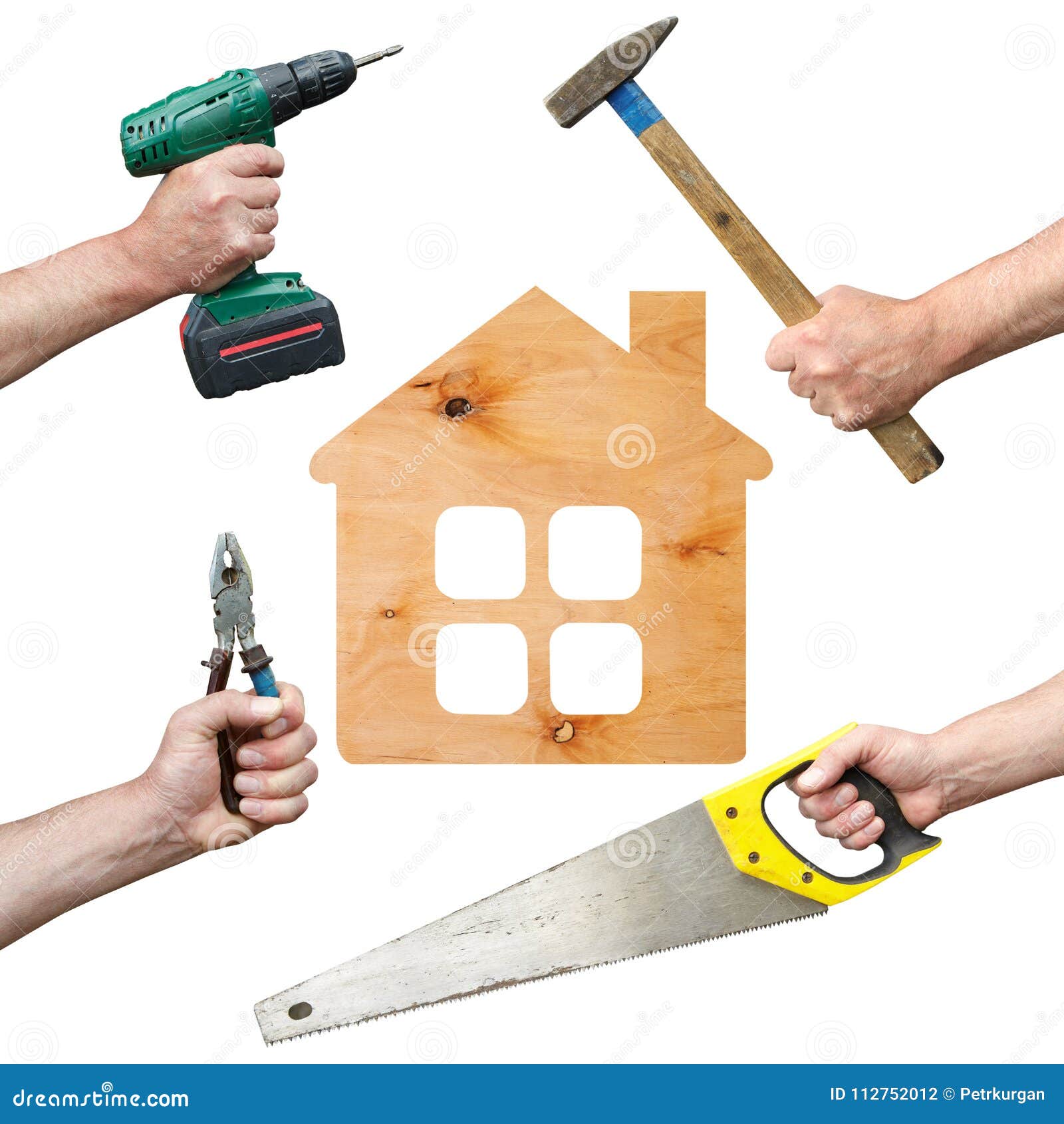 Hands of Workers with Tool and House Stock Photo - Image of plywood ...