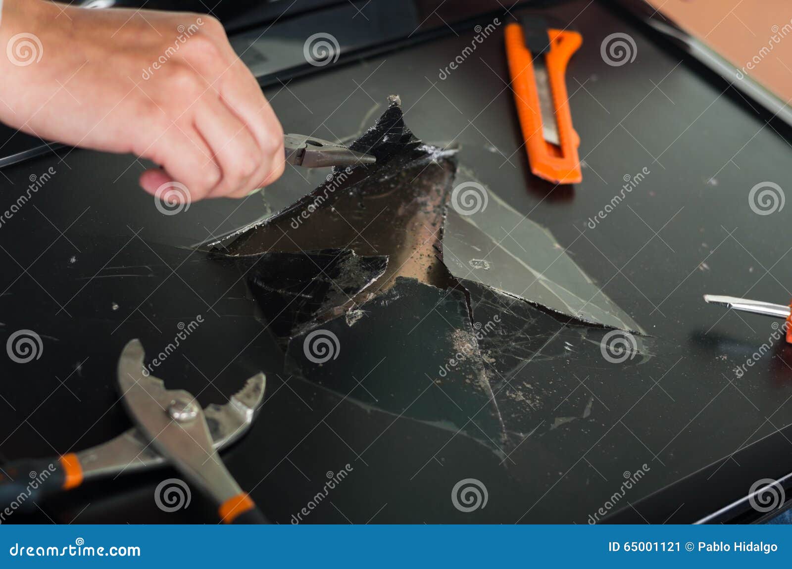 Hands Working on Broken Computer Screen Using Stock Image - Image of ...
