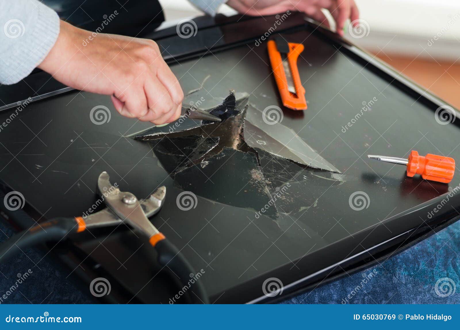 Hands Working on Broken Computer Screen Using Stock Image - Image of ...