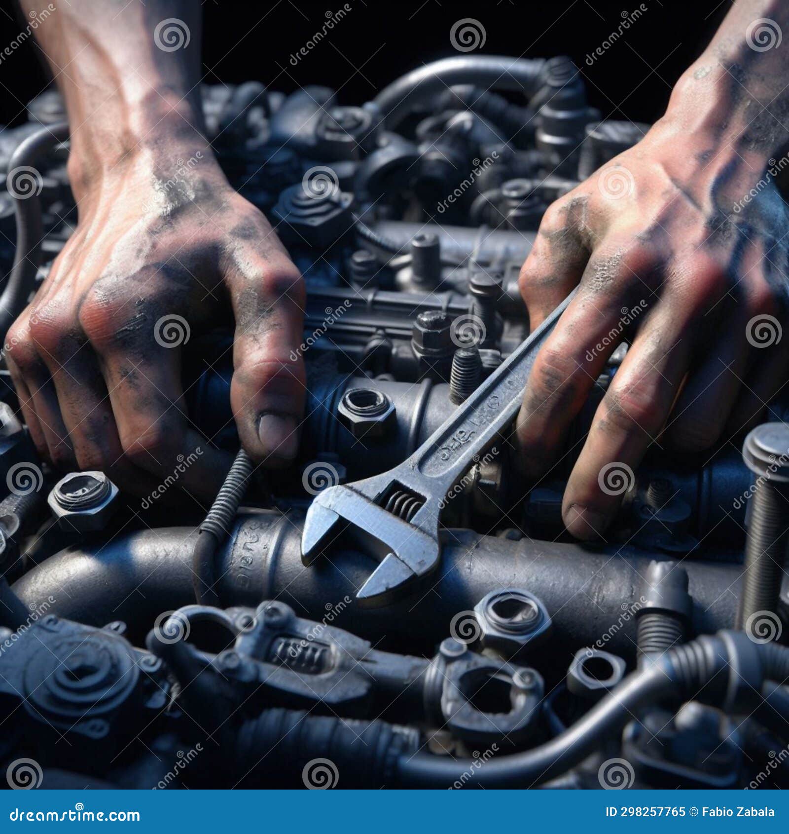 Hands Working in the Car. Hands Working on the Engine of a Car with ...