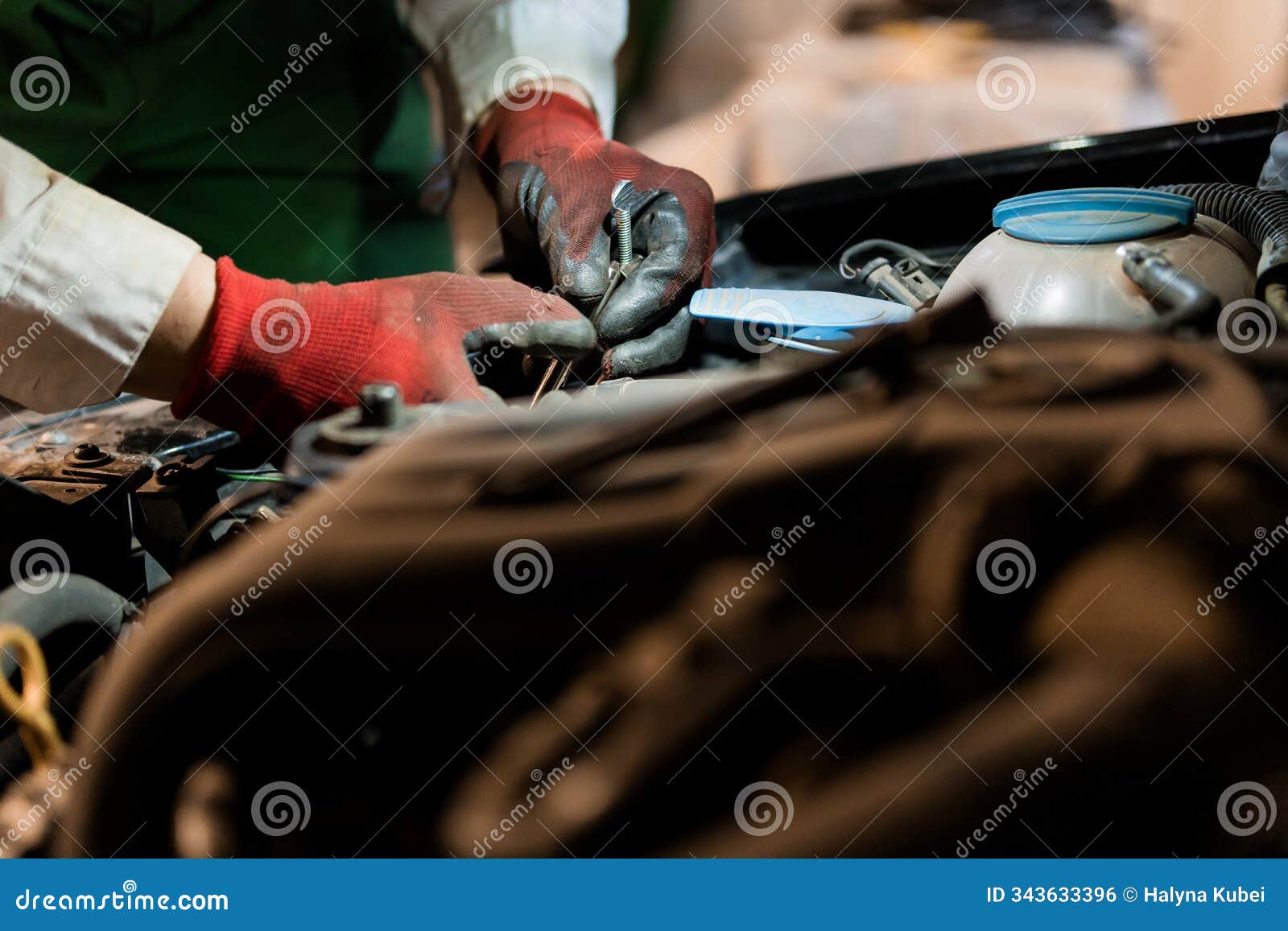 Hands Working on Car Engine with Tools and Mechanical Components Stock ...