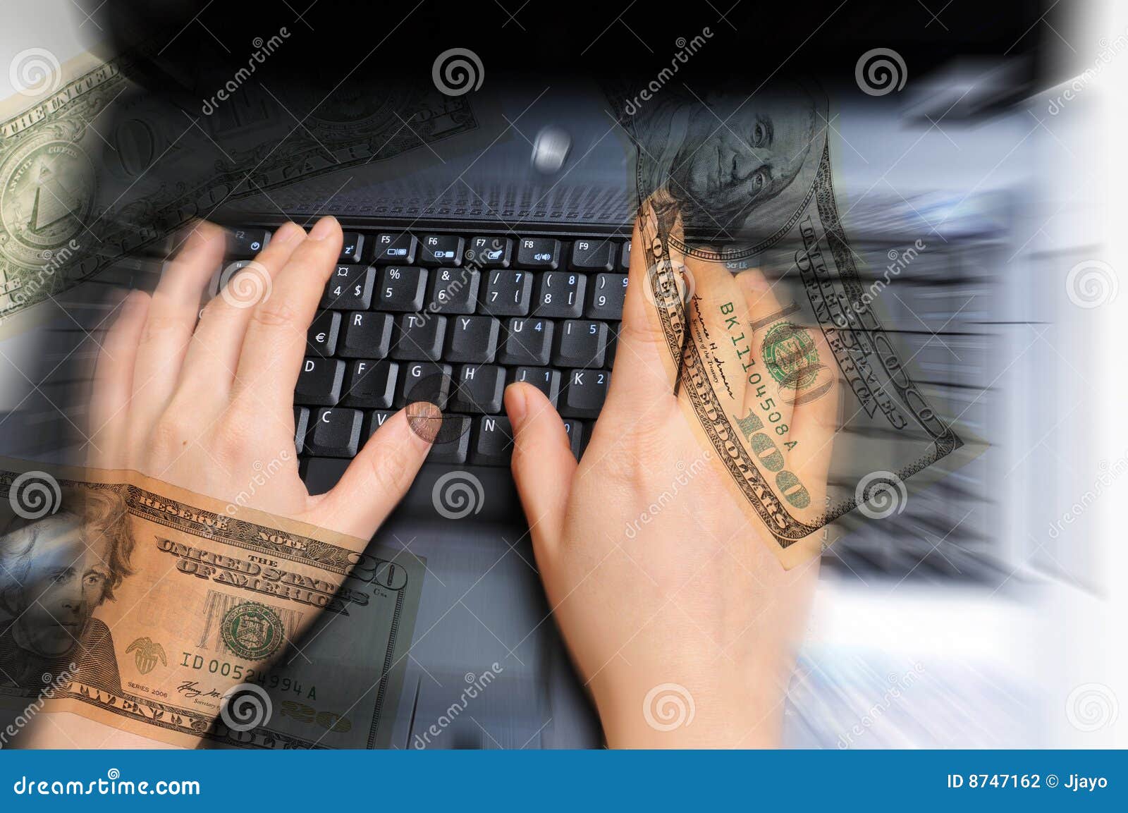Hands Working on Computer with Money Around Stock Photo - Image of info ...