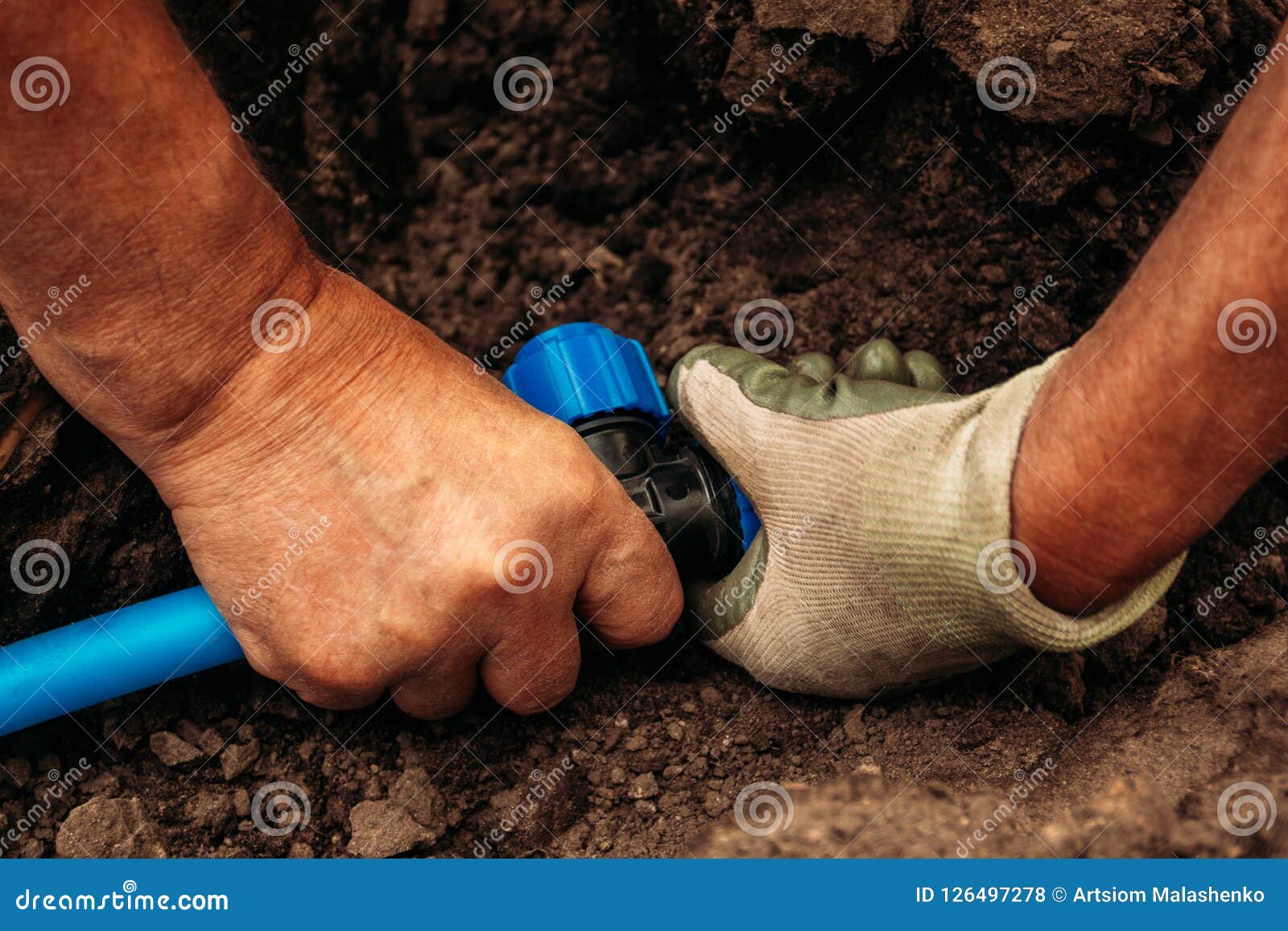 The Hands of the Working Connecting Hose Irrigation System Stock Photo ...