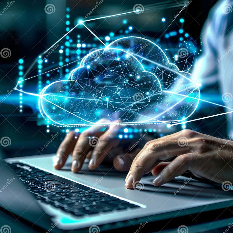 Hands Working on Laptop with Cloud and Network Graphic Overlay ...
