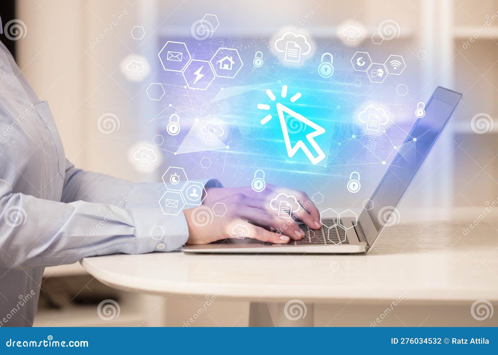 Hands Working on Laptop with Digital Icons Stock Photo - Image of ...