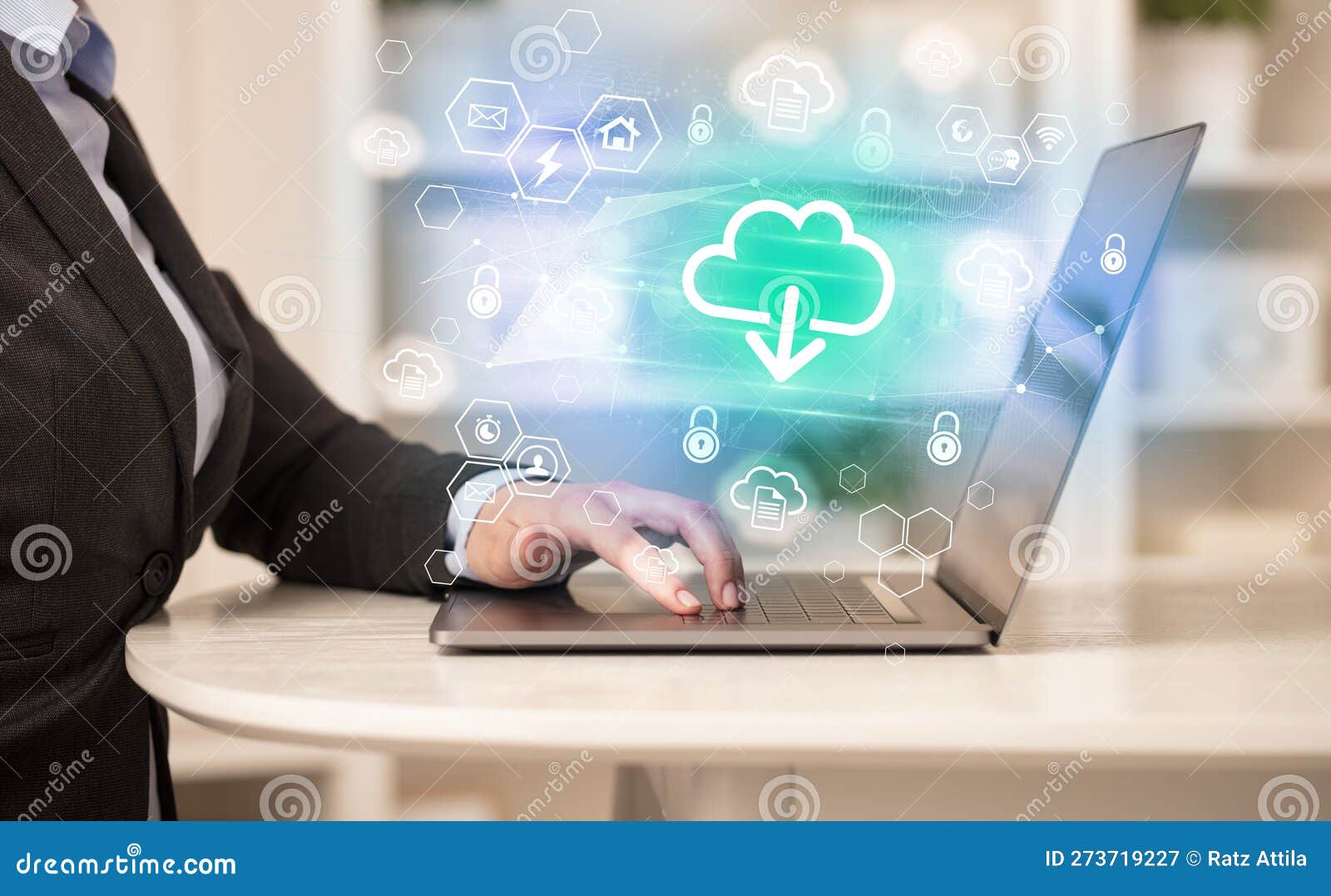 Hands Working on Laptop with Digital Icons Stock Image - Image of ...