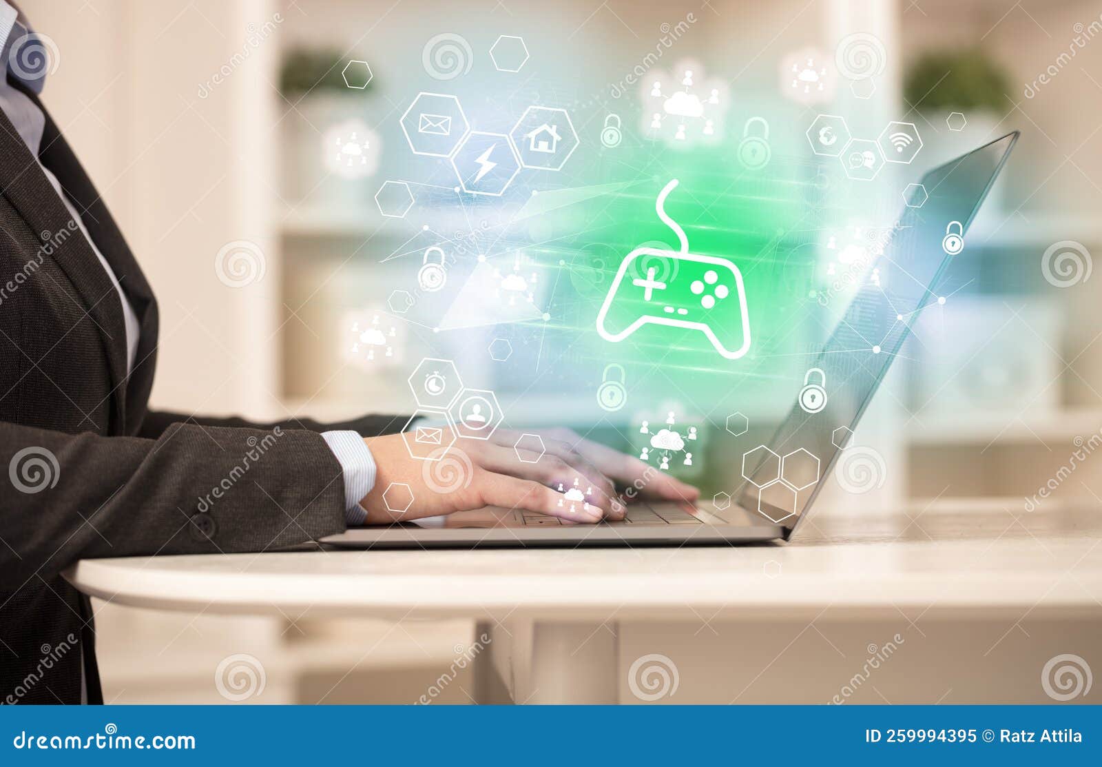 Hands Working on Laptop with Digital Icons Stock Image - Image of ...