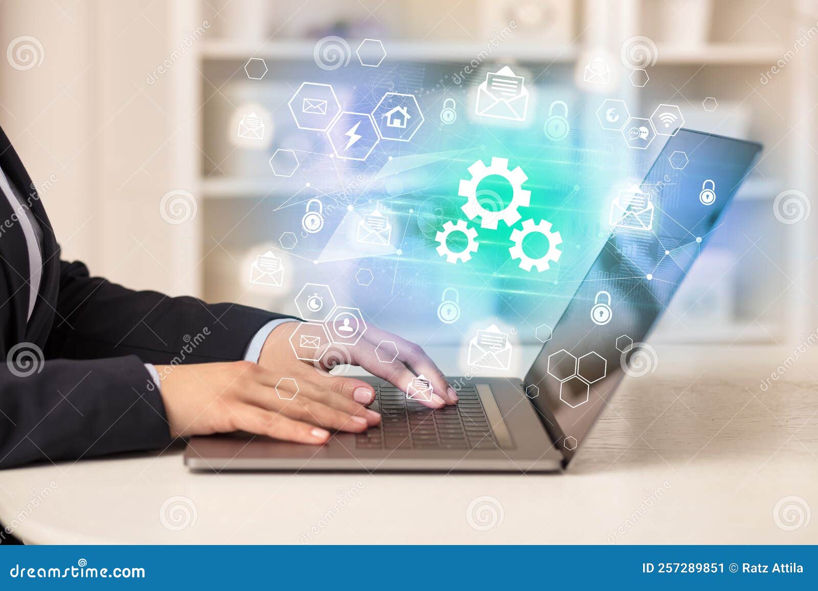 Hands Working on Laptop with Digital Icons Stock Image - Image of ...