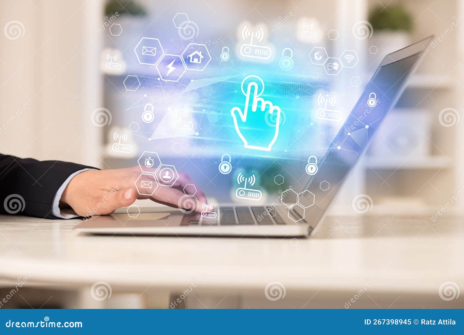 Hands Working on Laptop with Digital Icons Stock Image - Image of ...