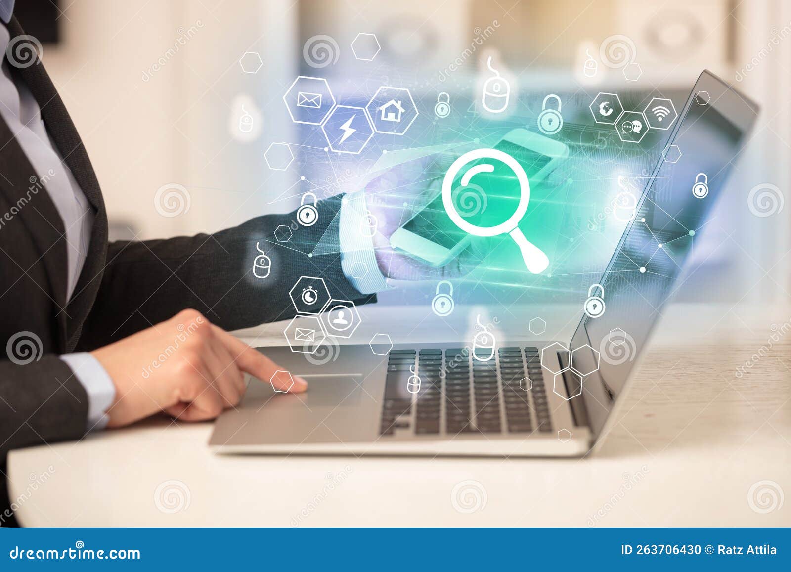 Hands Working on Laptop with Digital Icons Stock Photo - Image of ...