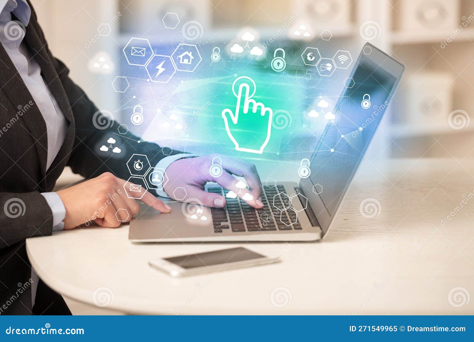 Hands Working on Laptop with Digital Icons Stock Image - Image of ...