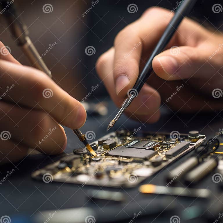 Hands Working on Microchip for Computer on Dark Background, AI ...