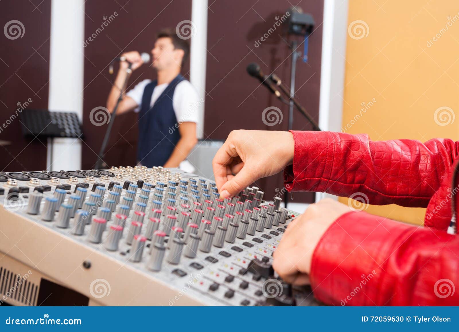 Hands Working on Music Mixer while Man Singing Stock Photo - Image of ...