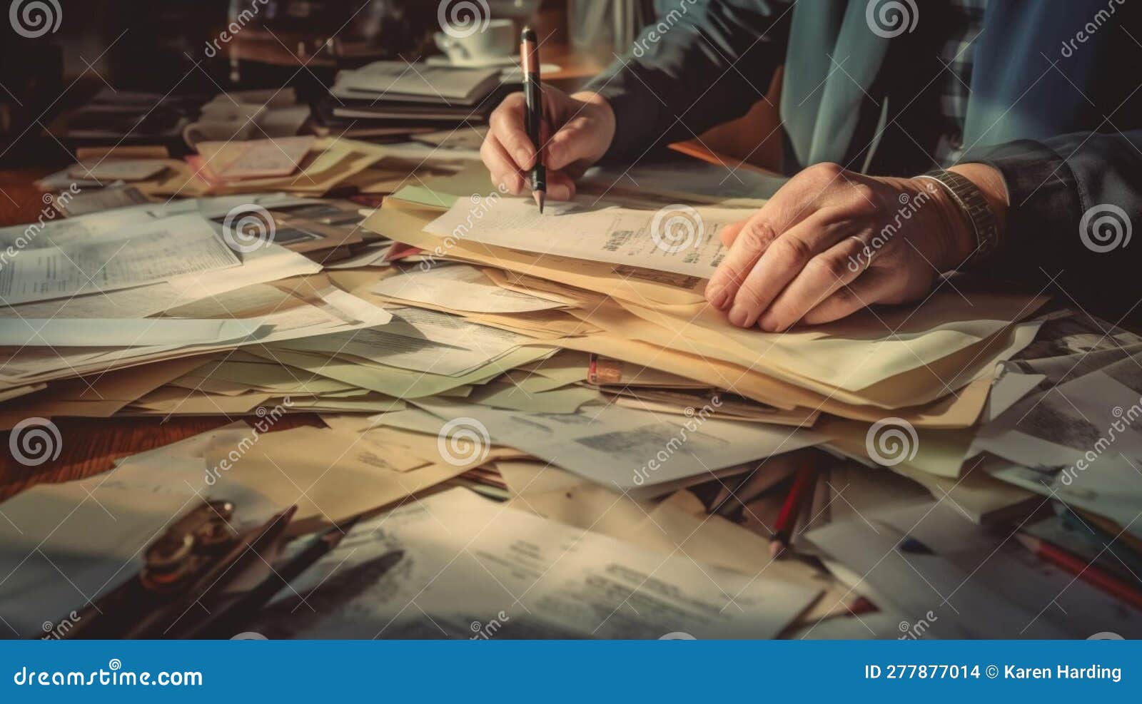 Hands Working through Paperwork on Desk Stock Illustration ...