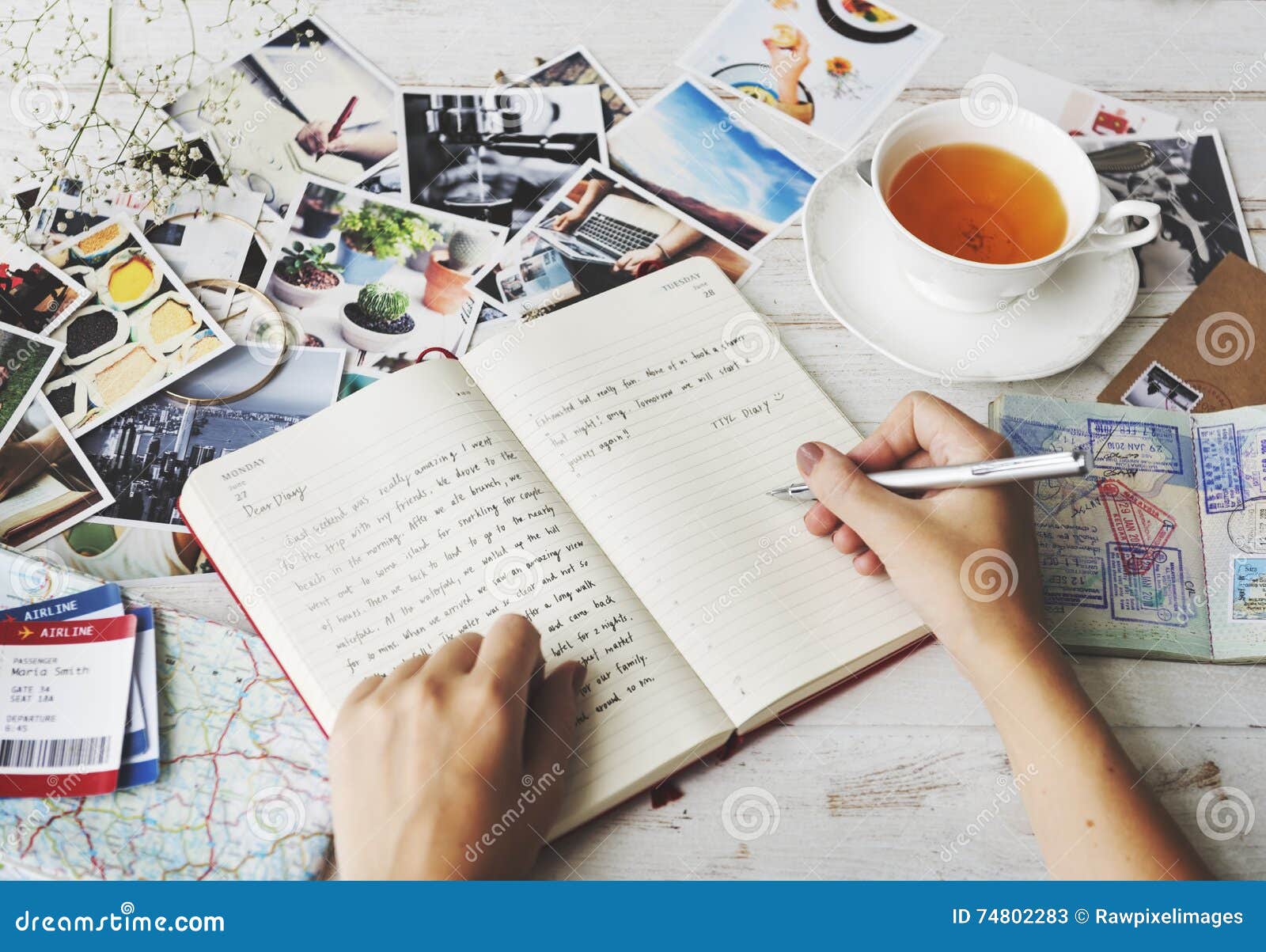 Hands Writing Travel Journal Tea Concept Stock Image - Image of sitting ...