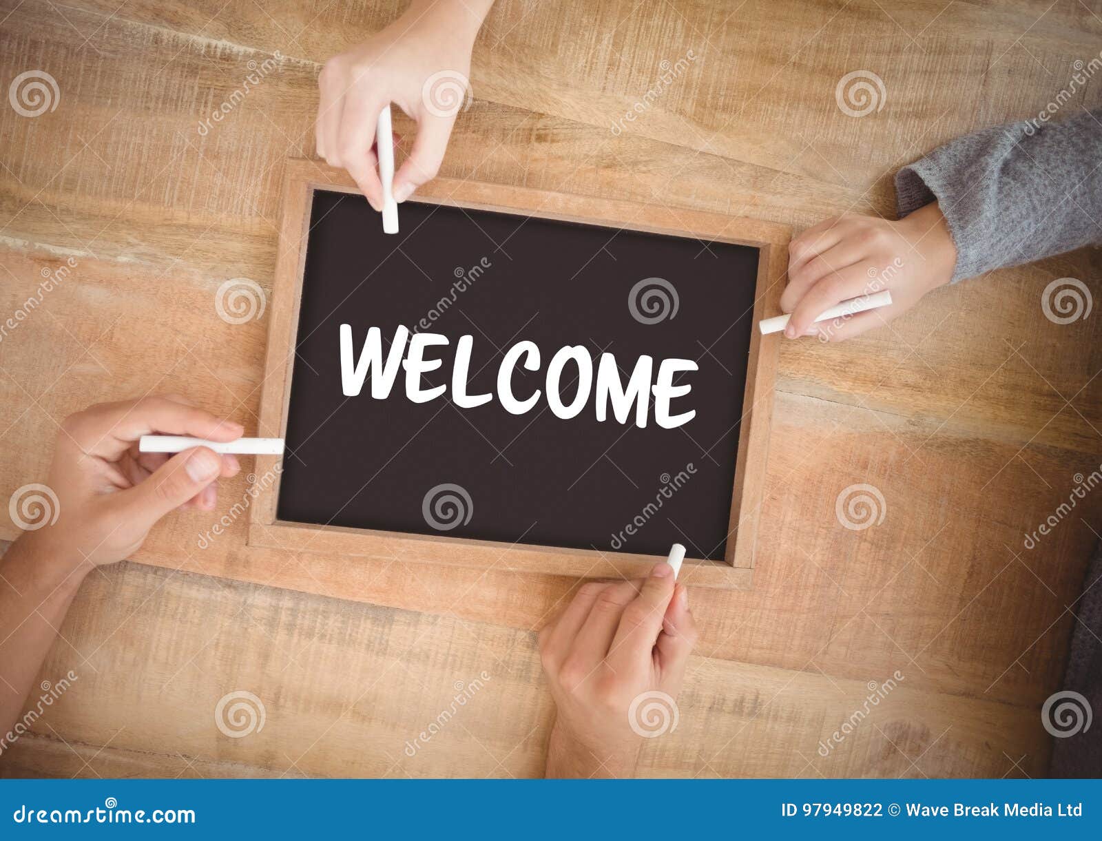 Hands Writing Welcome Text on Blackboard Stock Photo - Image of graphic ...
