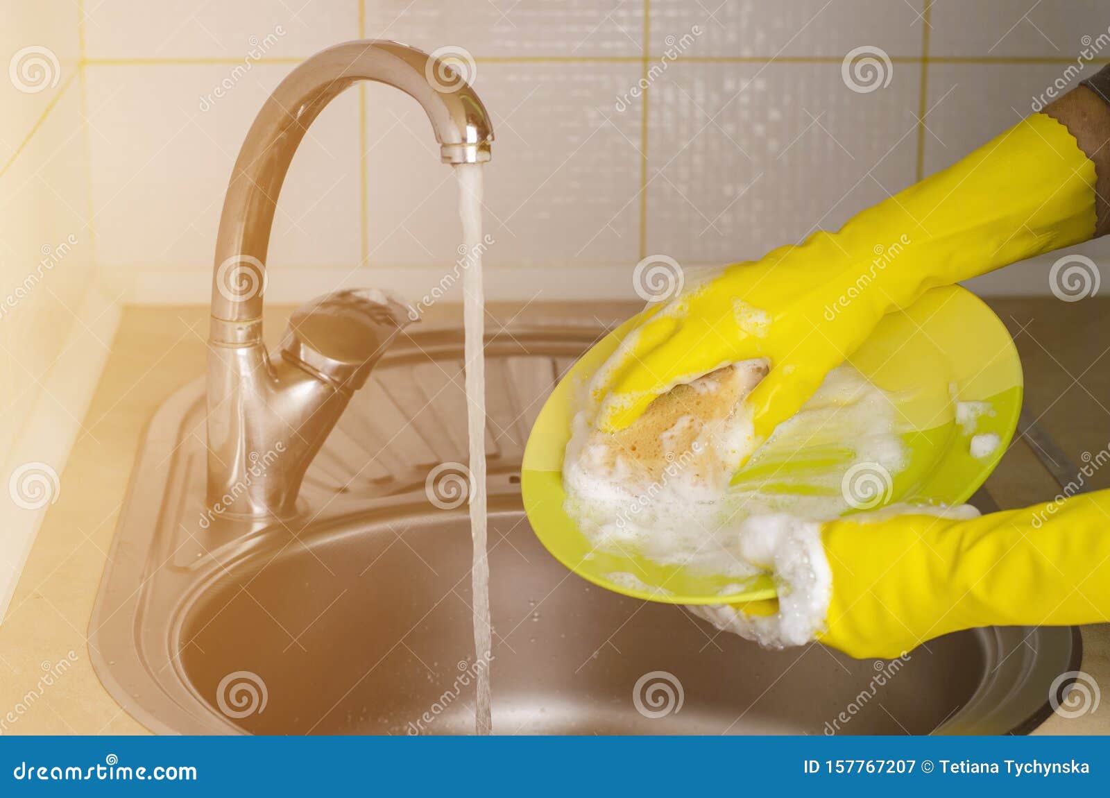 Hands in Yellow Gloves Wasing a Dish Stock Image - Image of detergent ...